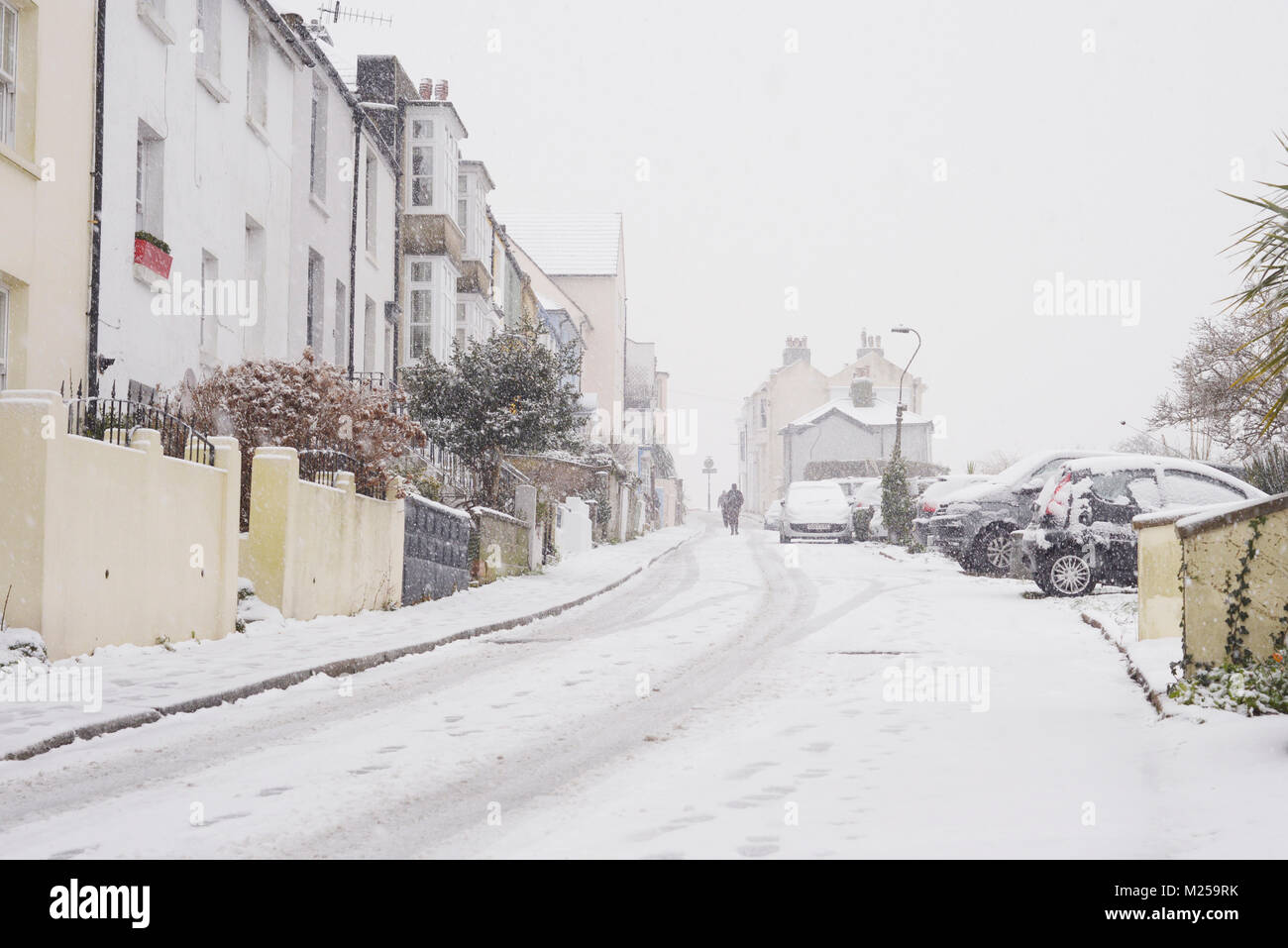 Hastings, UK. 5th February, 2018. People walking in snow, St Mary's ...