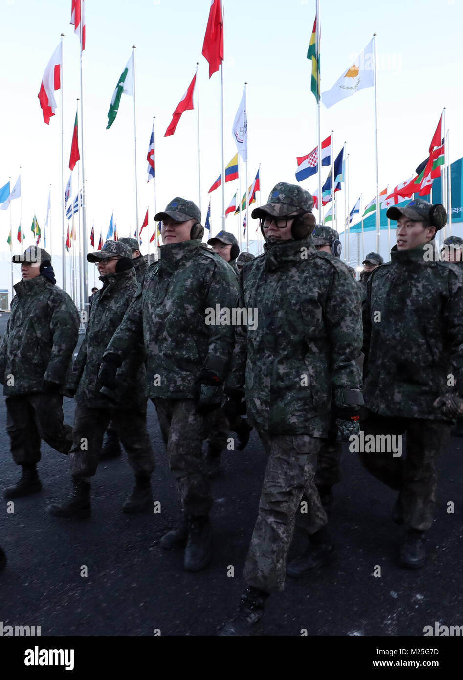 06th Feb, 2018. Soldiers at PyeongChang Olympic Village A group of ...