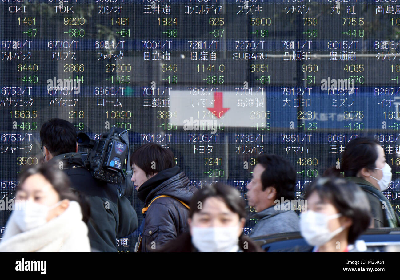 Tokyo, Japan. 6th Feb, 2018. Japanese stocks make a sharp dive Tuesday ...