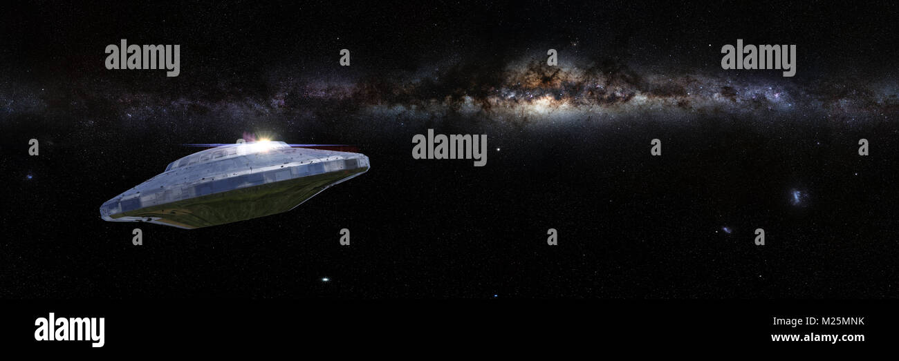 UFO, alien spaceship in outer space, flying saucer in front of the ...