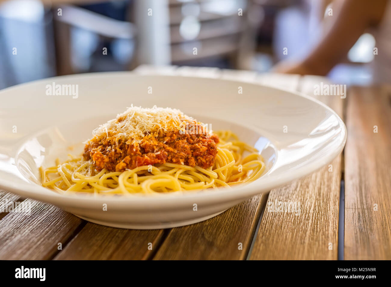 Spaghetti bolognese. Plate with spaghetti on table in restaurant Stock ...