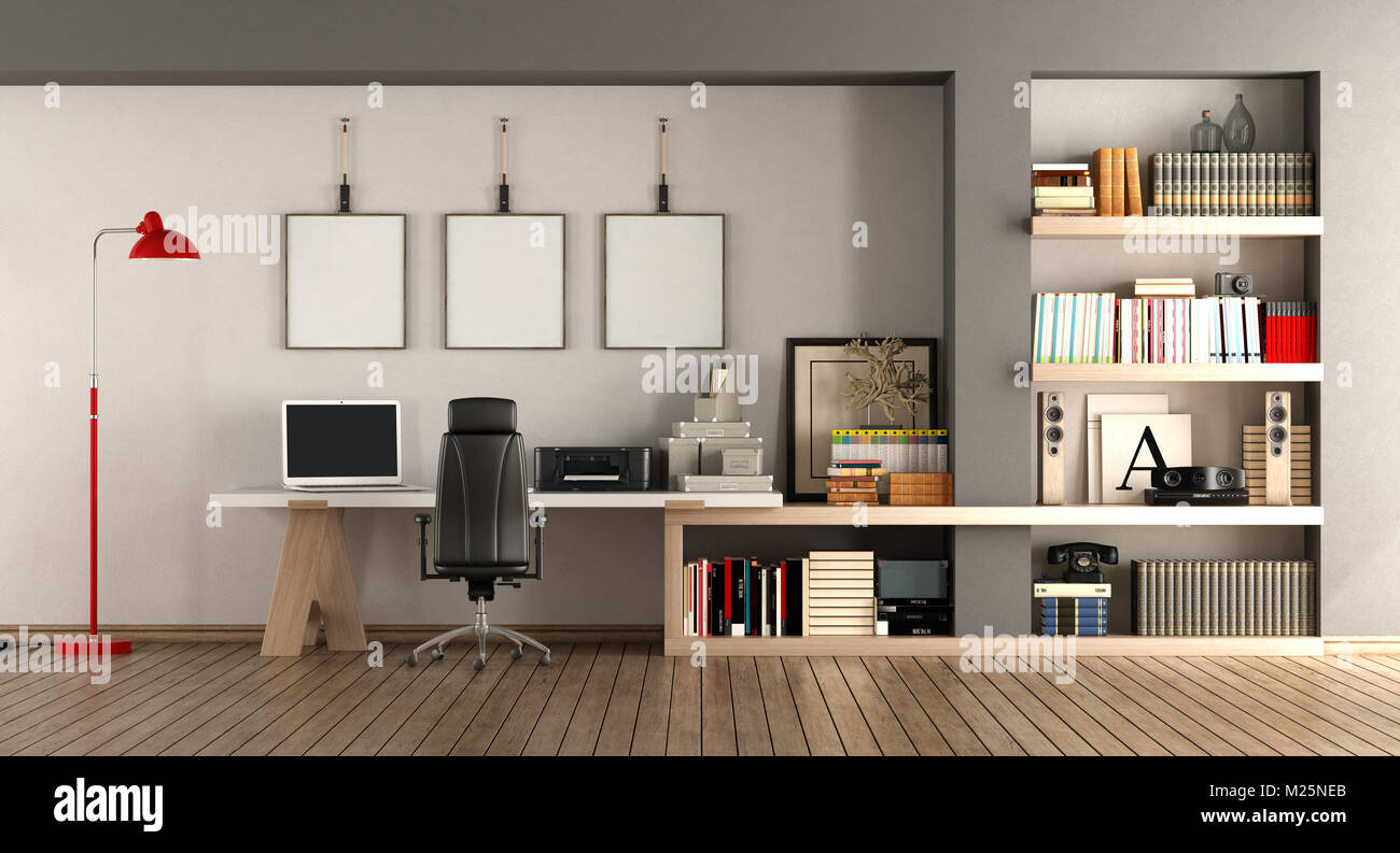 Modern home workplace with desk and bookcase - 3d rendering Stock Photo ...