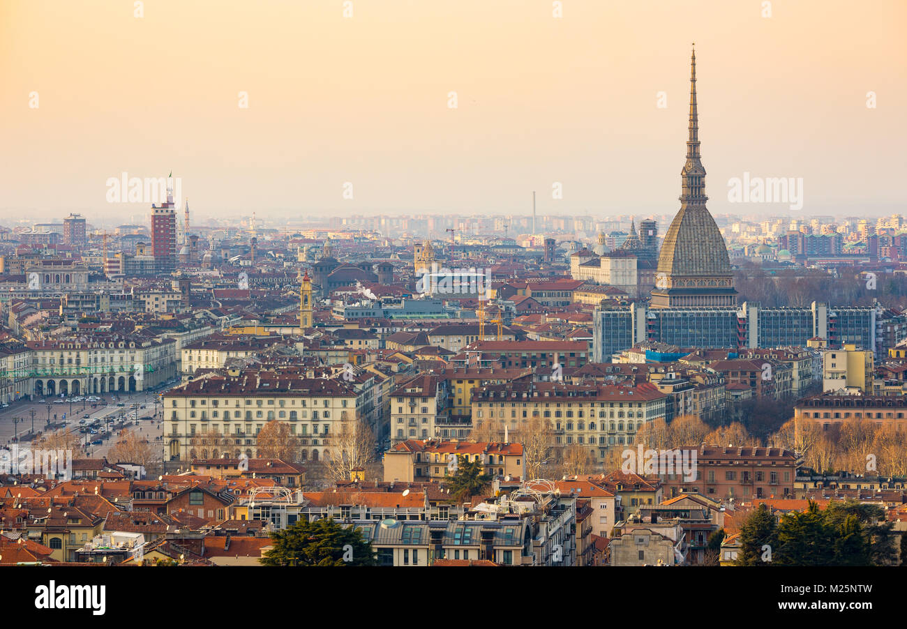 Turin cityscape, Torino, Italy at sunset, panorama with the Mole ...