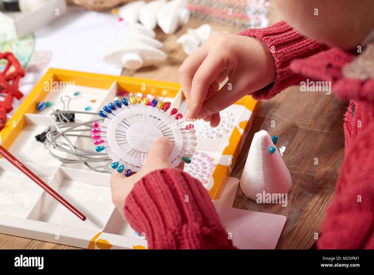 Child make crafts and toys, handmade concept. Artwork workplace with ...