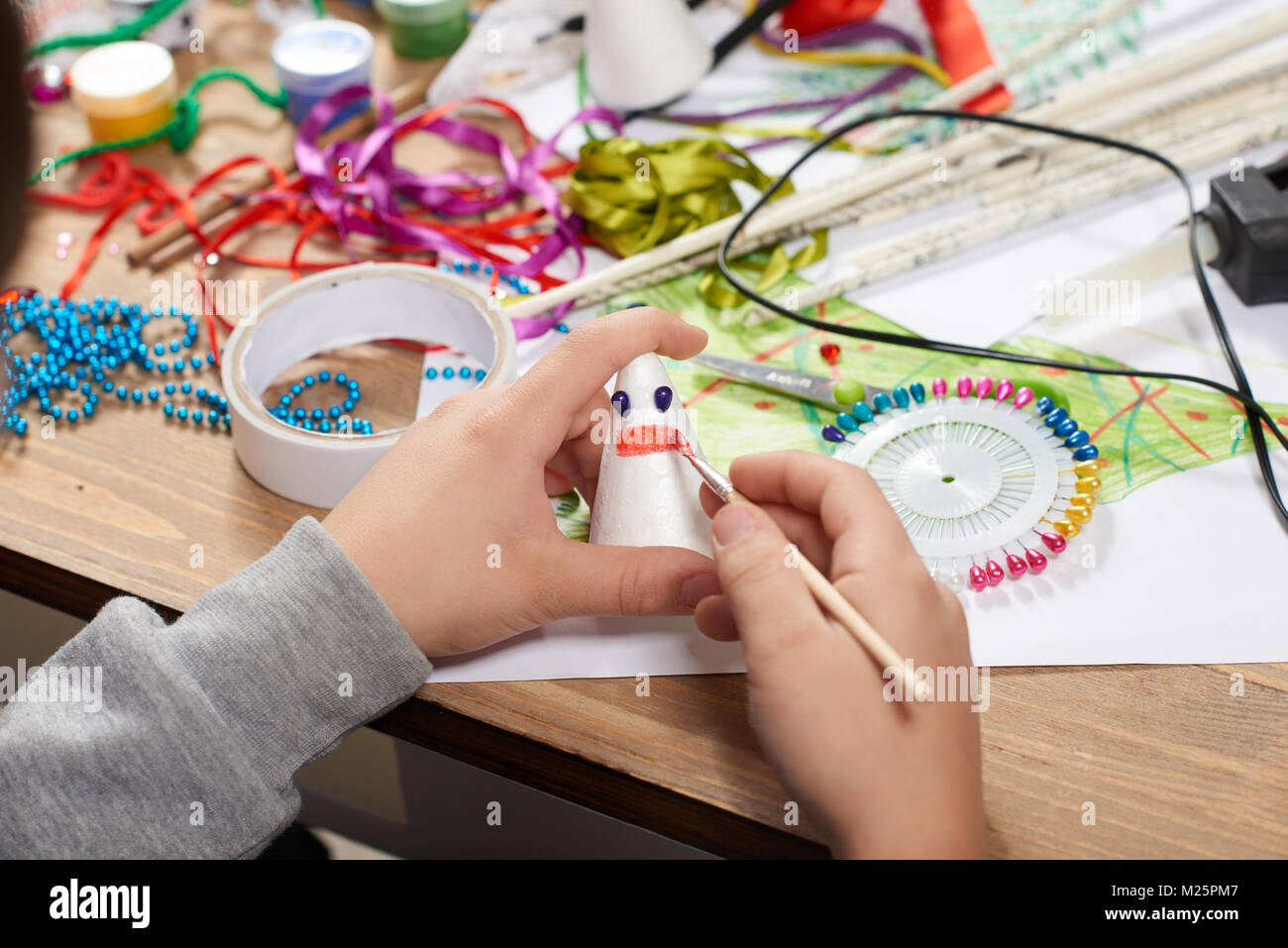 Child make crafts and toys, handmade concept. Artwork workplace with ...