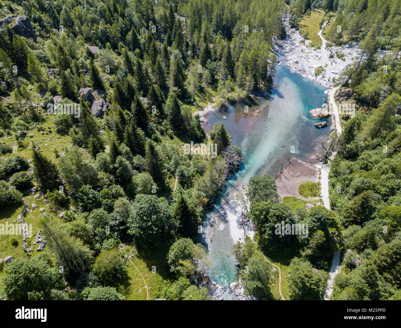 Aerial view of the Mello Valley, Val di Mello, a green valley with ...