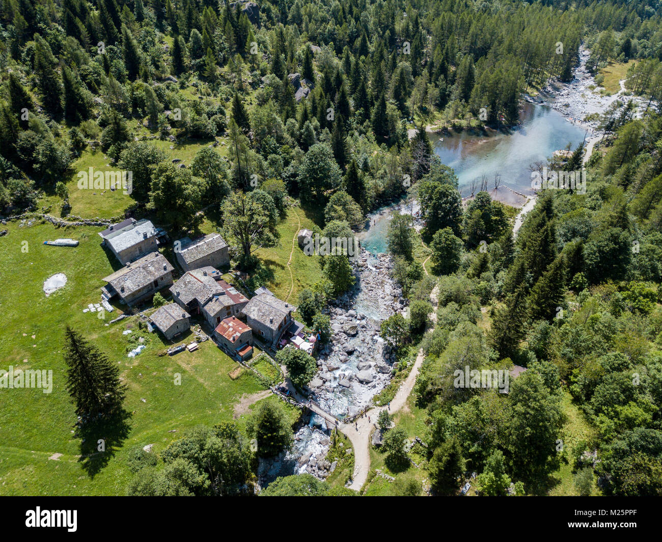 Aerial view of the Mello Valley, Val di Mello, a green valley with ...