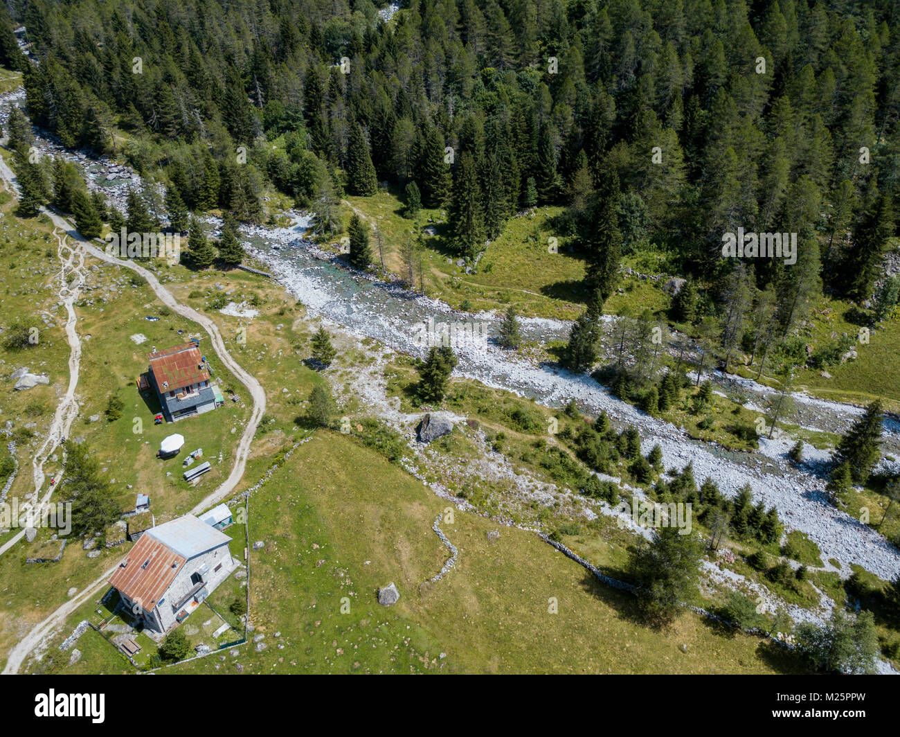 Aerial view of the Mello Valley, Val di Mello, a green valley with ...
