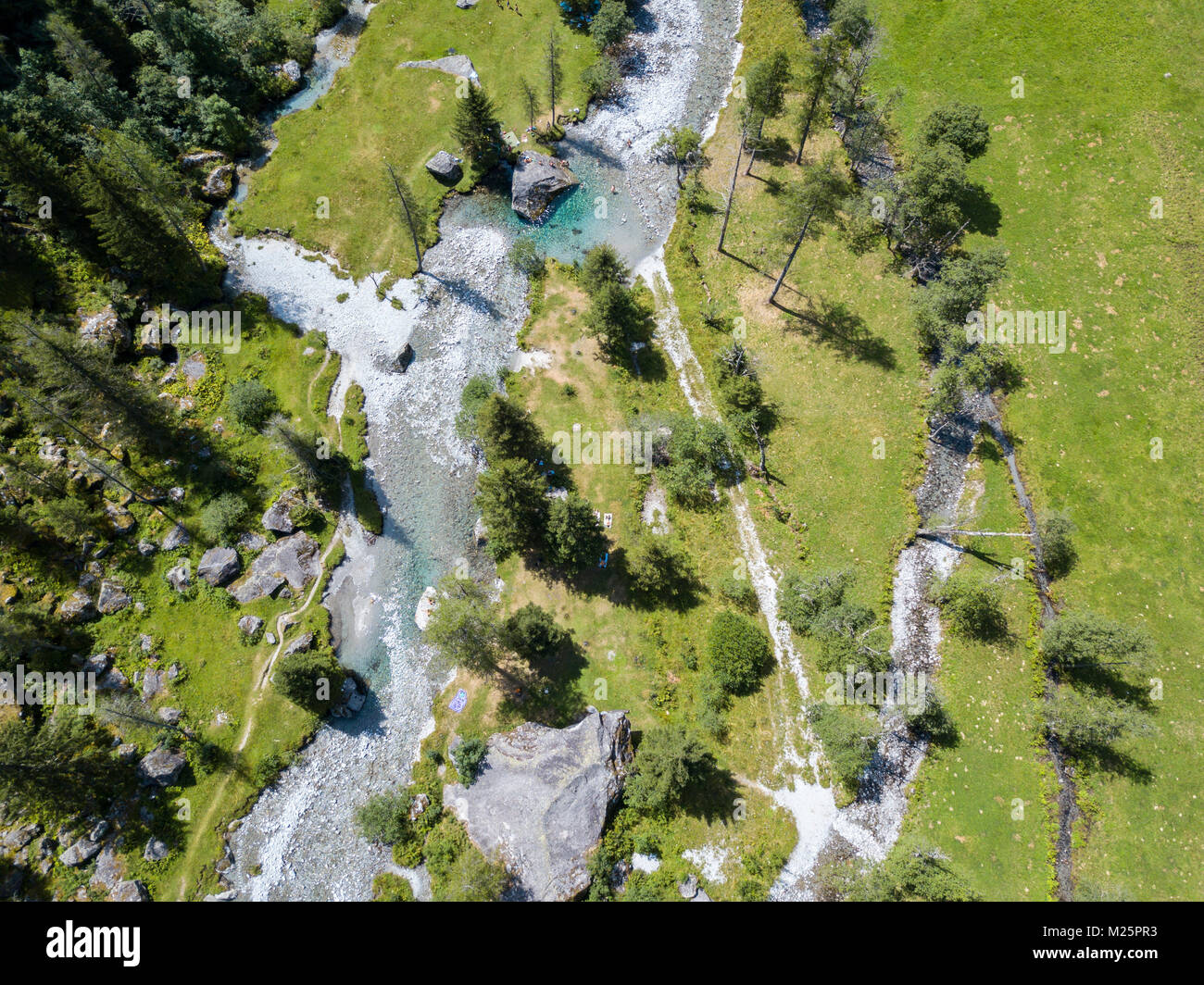 Aerial view of the Mello Valley, Val di Mello, a green valley with ...