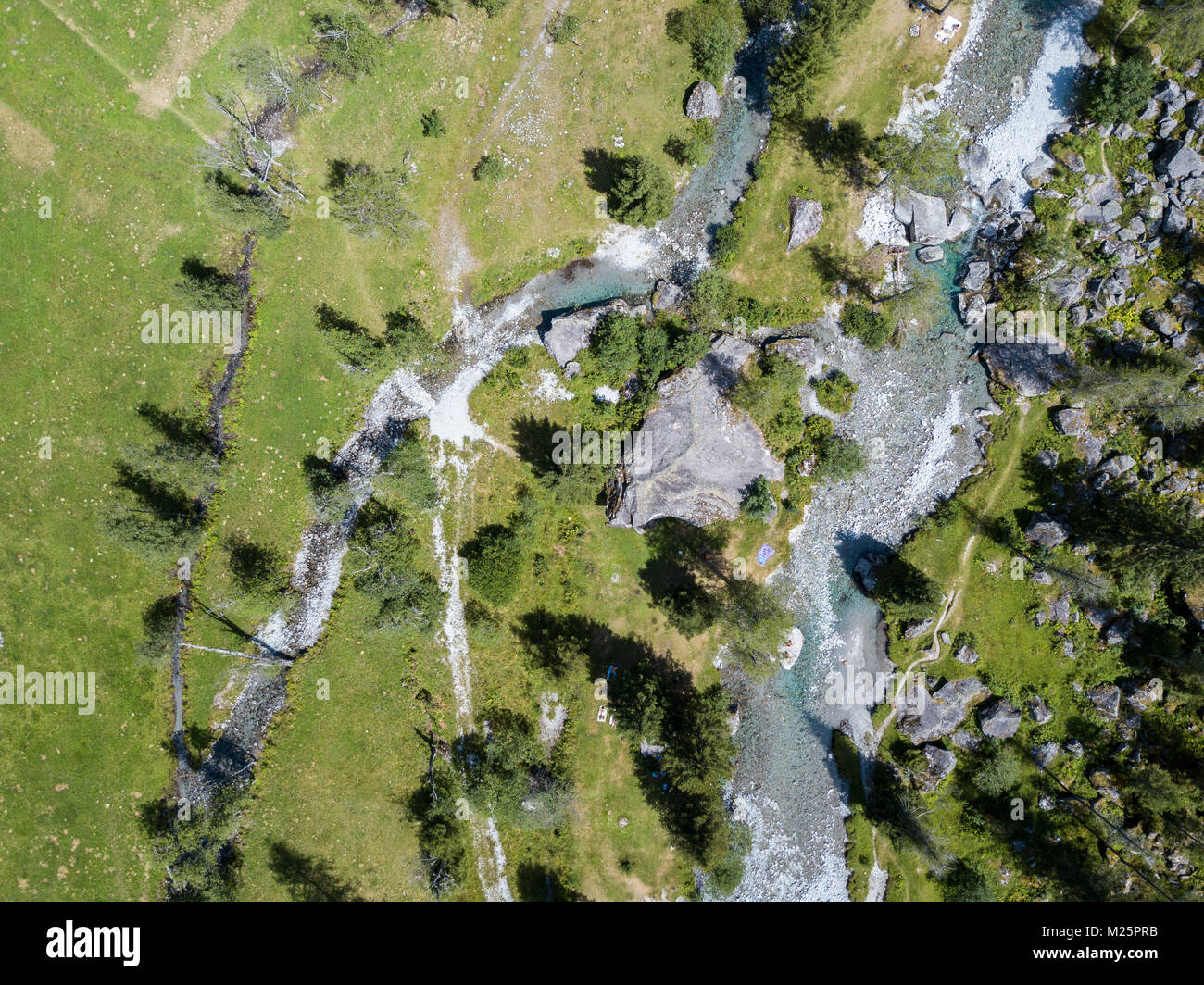 Aerial view of the Mello Valley, Val di Mello, a green valley with ...