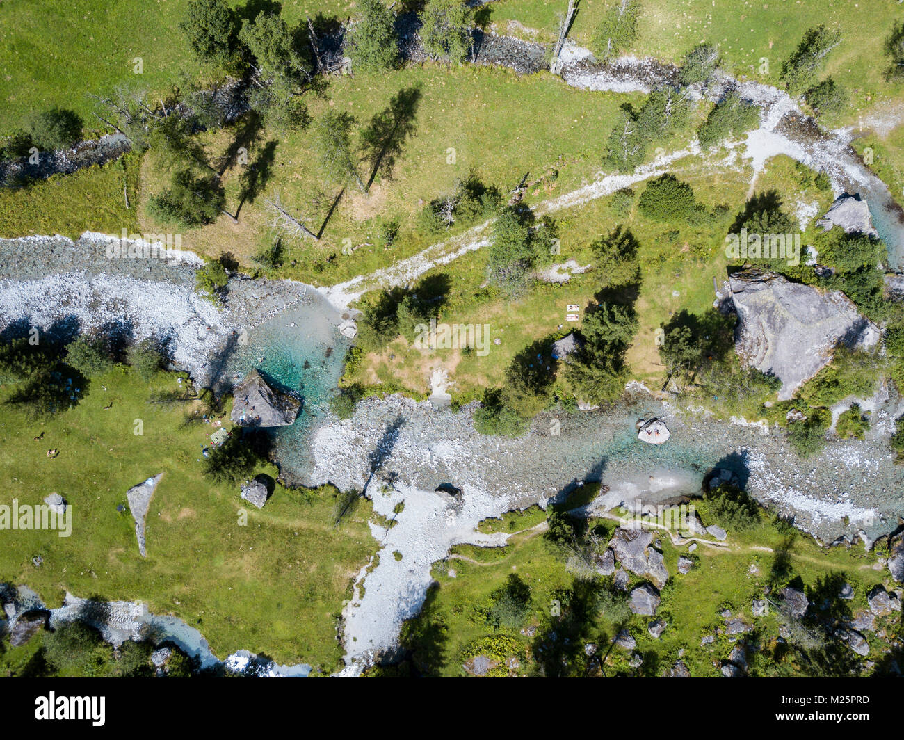 Aerial view of the Mello Valley, Val di Mello, a green valley with ...