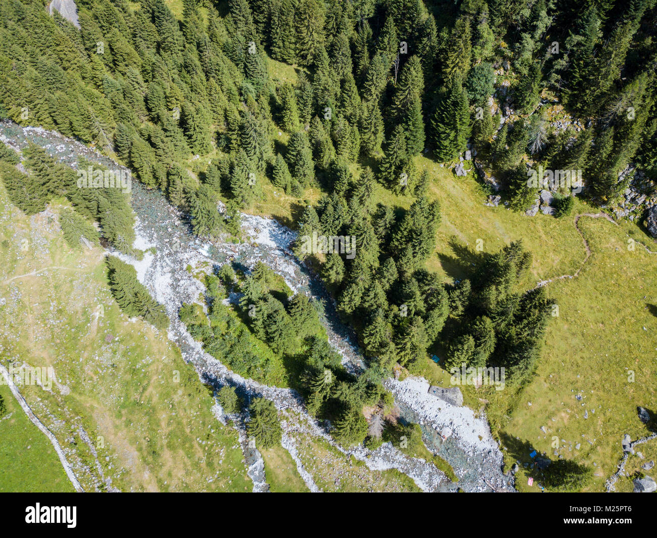 Aerial view of the Mello Valley, Val di Mello, a green valley with ...