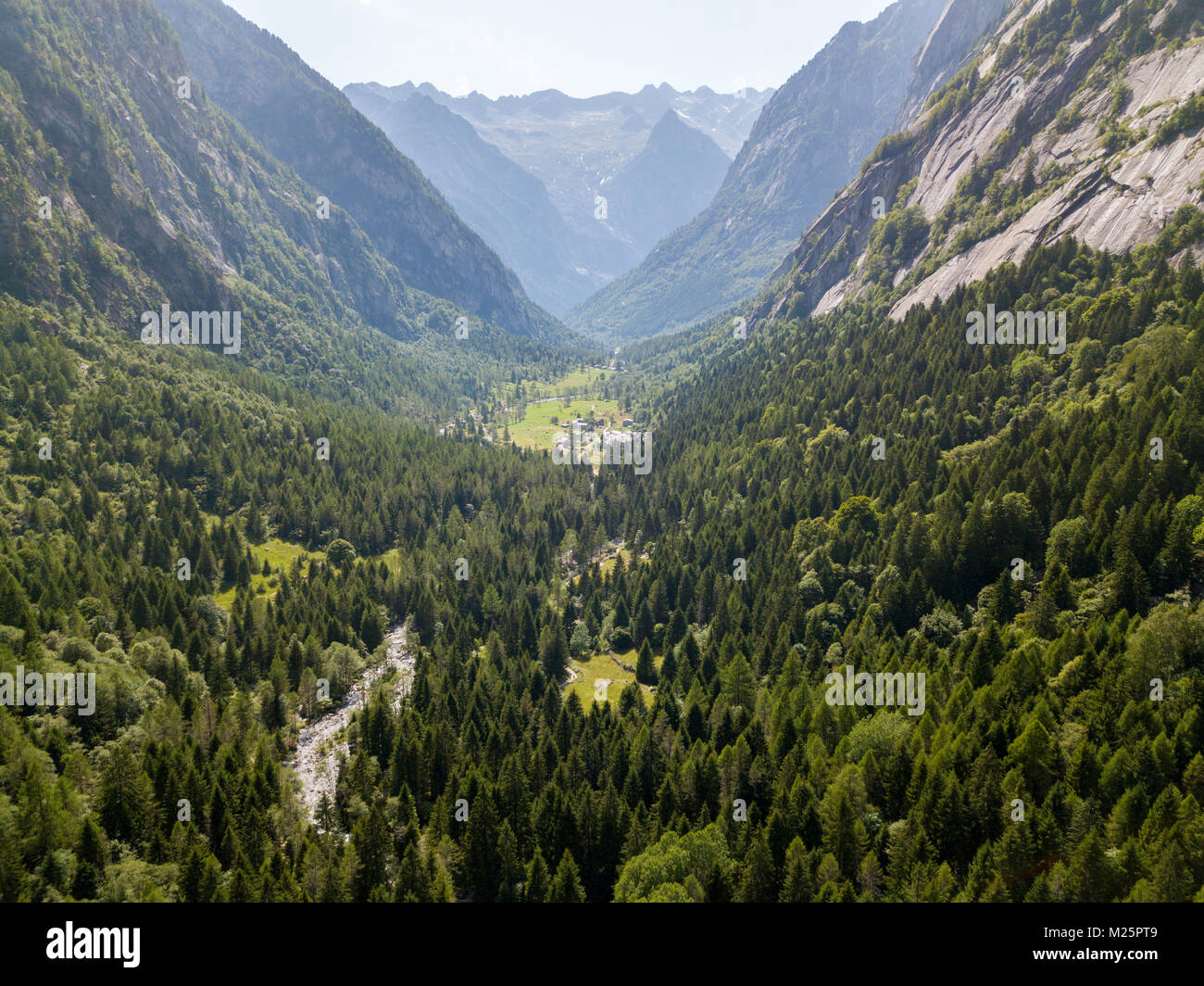 Aerial view of the Mello Valley, Val di Mello, a green valley with ...