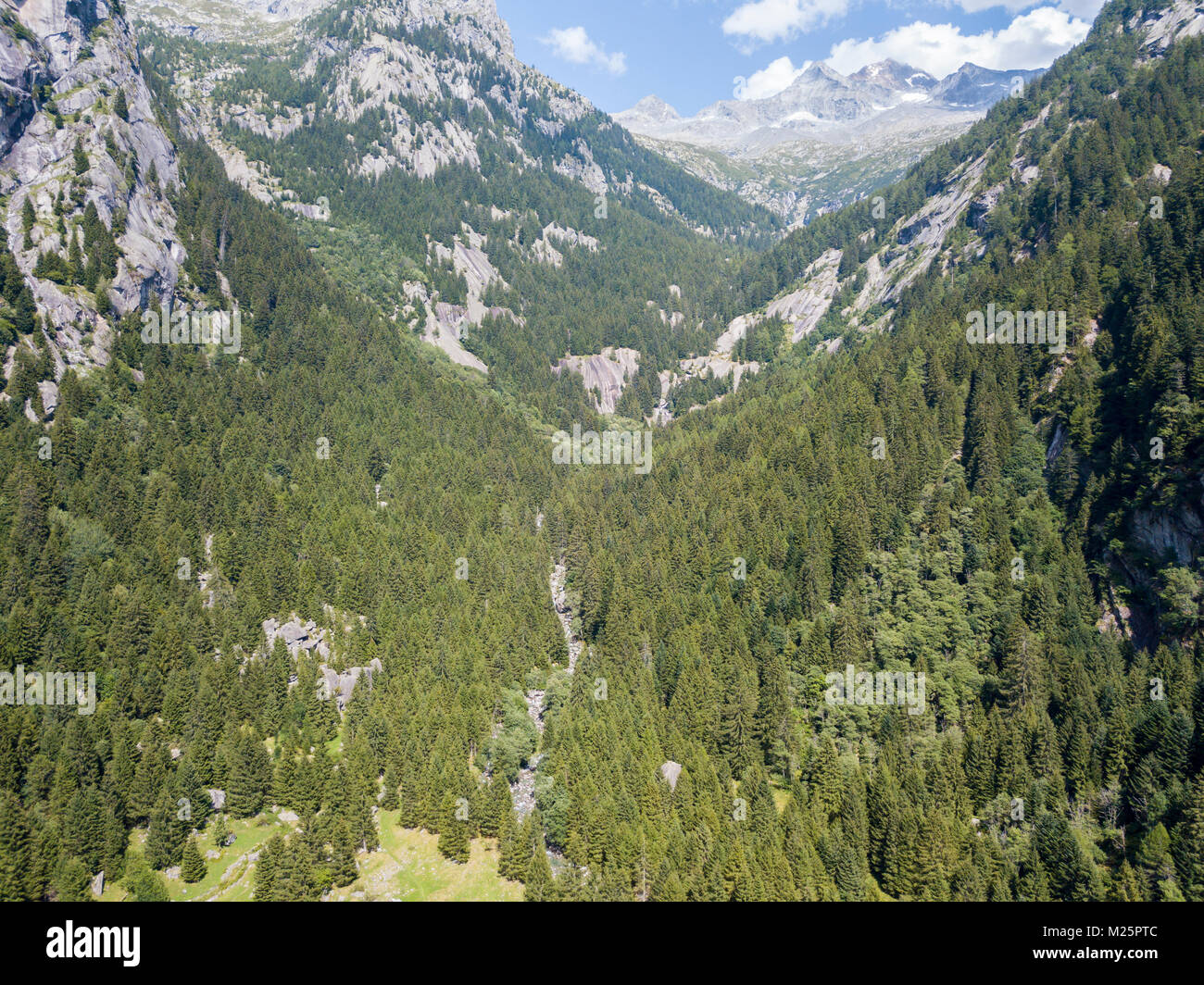 Aerial view of the Mello Valley, Val di Mello, a green valley with ...