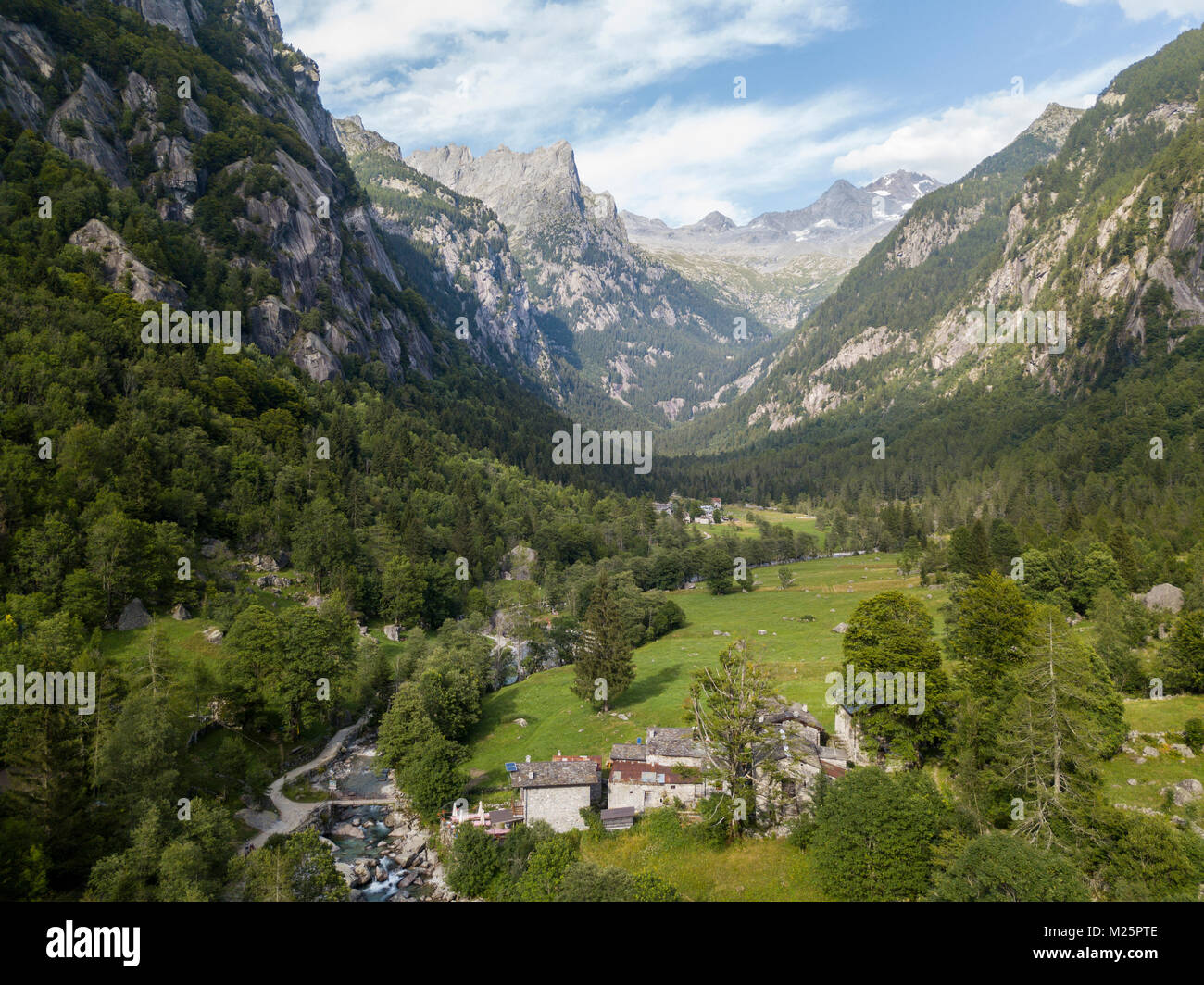 Aerial view of the Mello Valley, Val di Mello, a green valley with ...