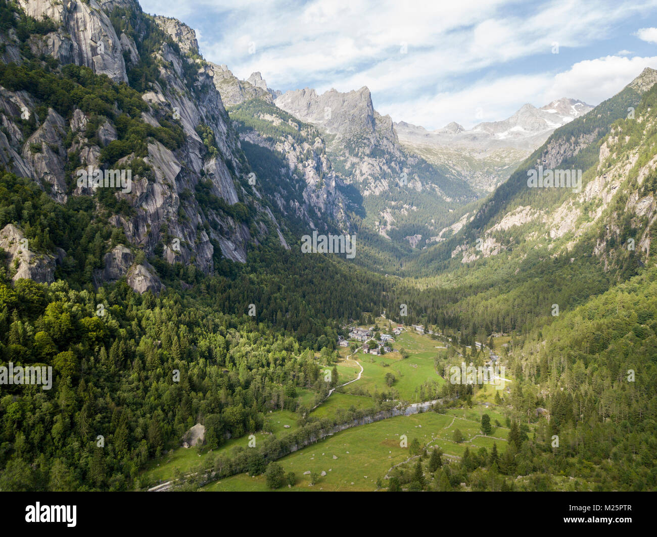Aerial view of the Mello Valley, Val di Mello, a green valley with ...