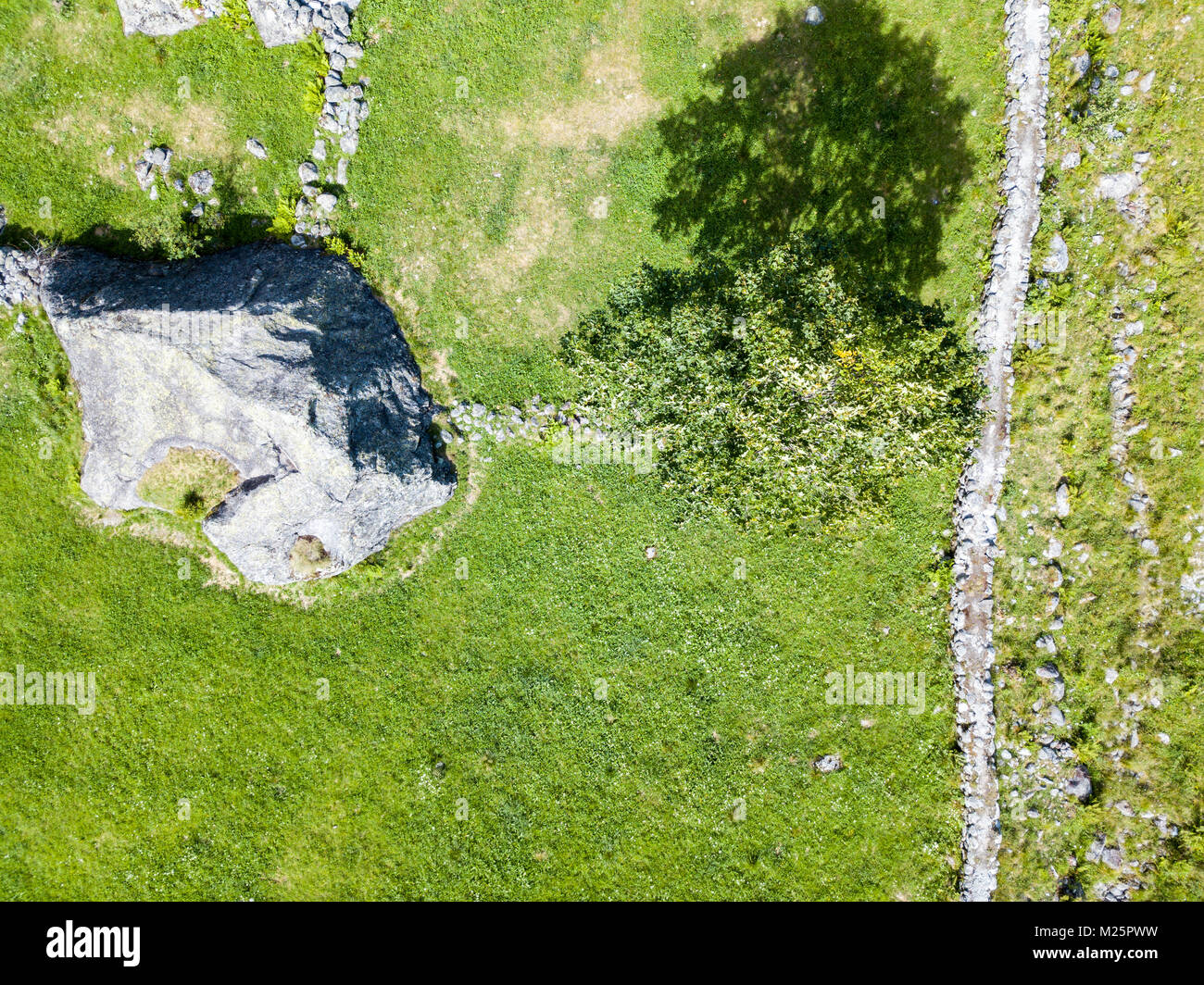 Aerial view of the Mello Valley, Val di Mello, a green valley with ...