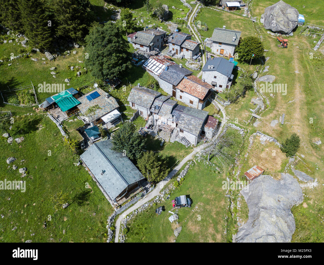 Aerial view of the Mello Valley, Val di Mello, a green valley with ...