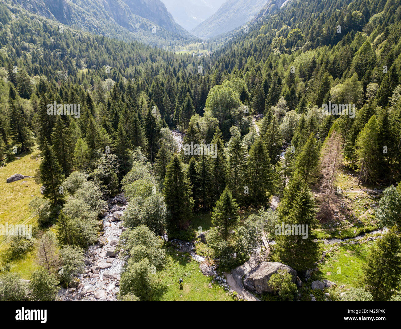 Aerial view of the Mello Valley, Val di Mello, a green valley with ...