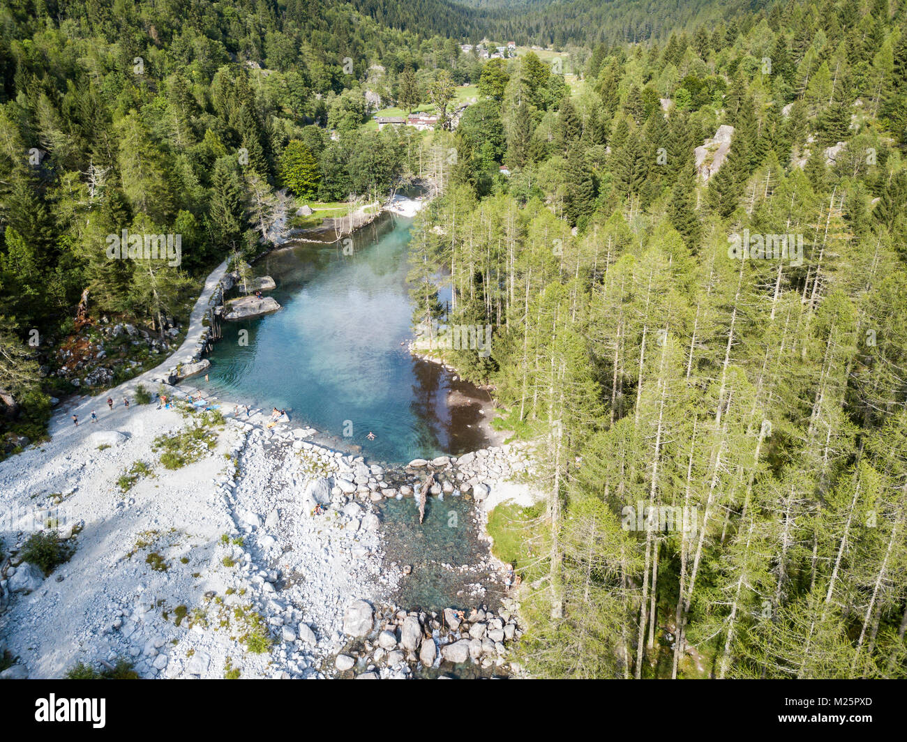 Aerial view of the Mello Valley, Val di Mello, a green valley with ...
