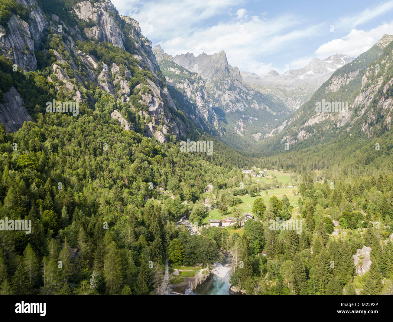 Aerial view of the Mello Valley, Val di Mello, a green valley with ...