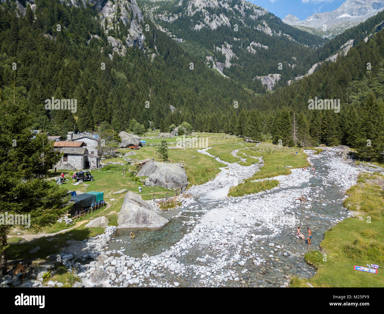 Aerial view of the Mello Valley, Val di Mello, a green valley with ...