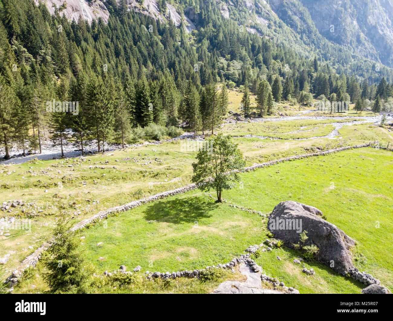 Aerial view of the Mello Valley, Val di Mello, a green valley with ...