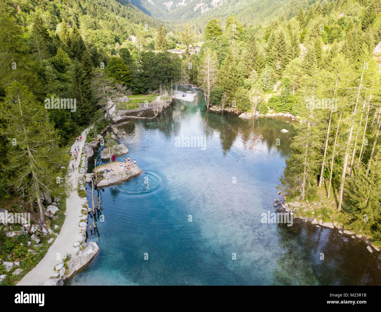 Aerial view of the Mello Valley, Val di Mello, a green valley with ...