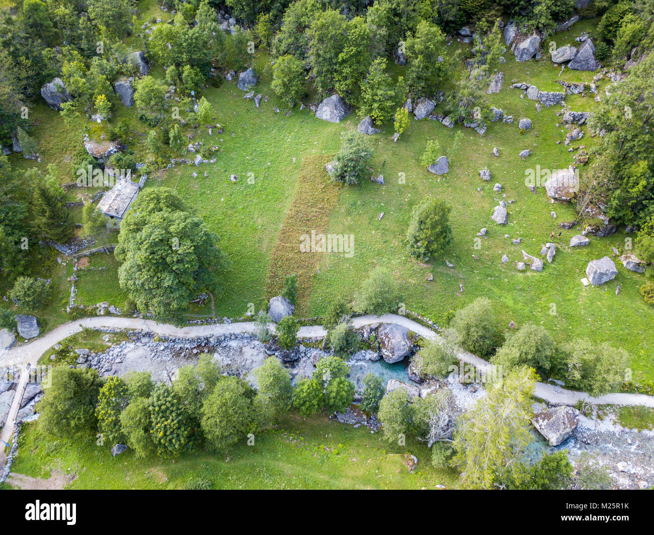 Aerial view of the Mello Valley, Val di Mello, a green valley with ...