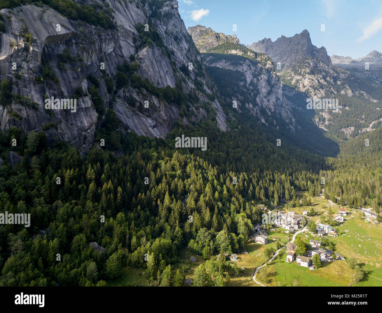 Aerial view of the Mello Valley, Val di Mello, a green valley with ...