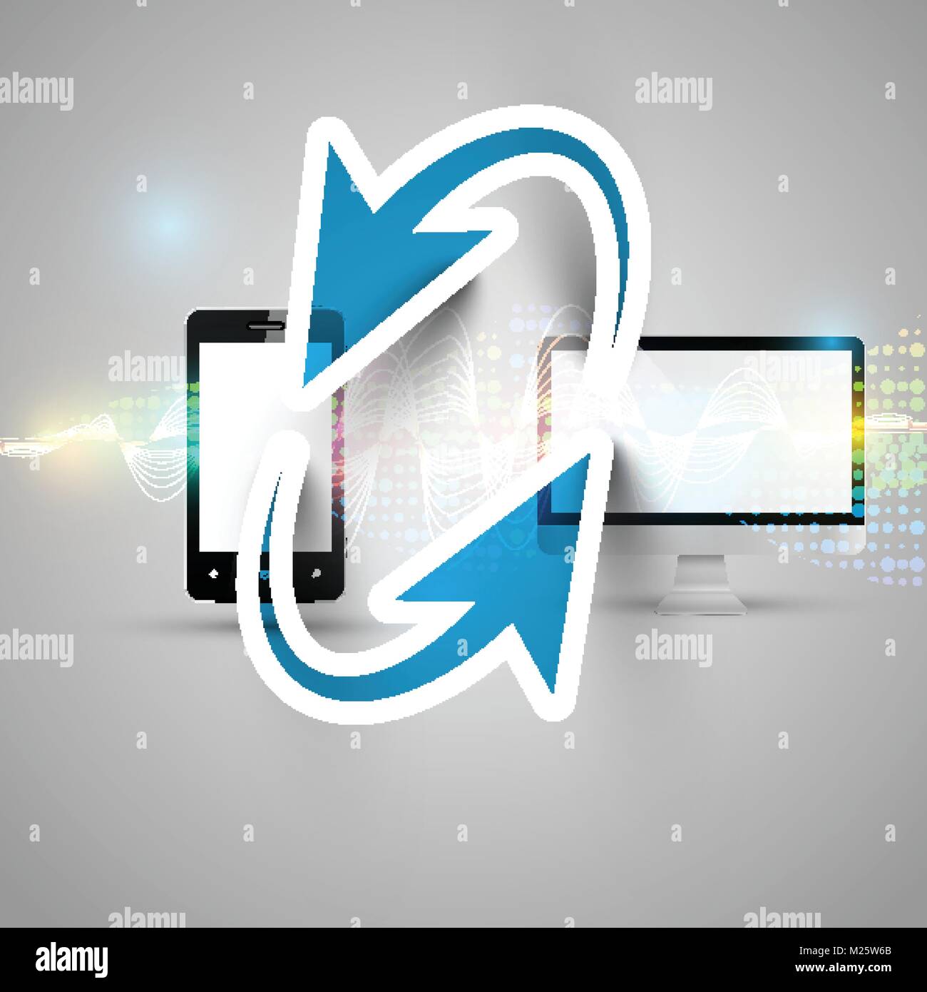 Mobile phone and computer communicating on abstract background Stock ...