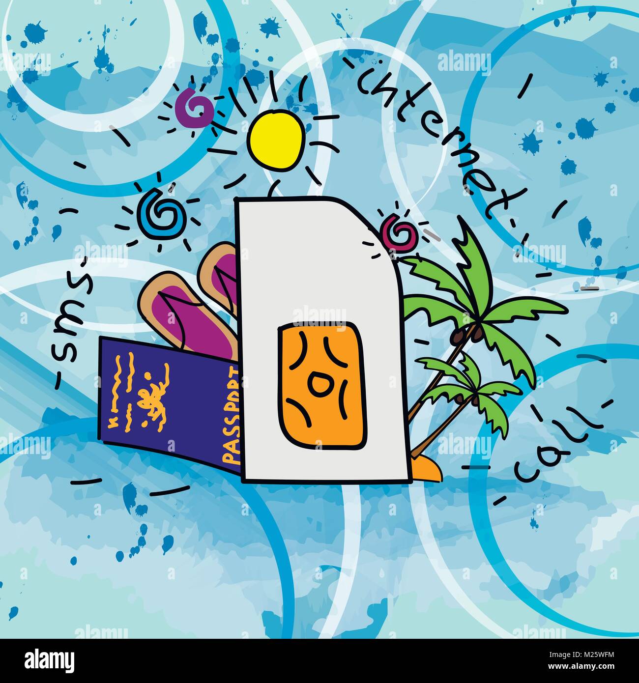 Travel SIM vector illustration on blue radial gradient background ...