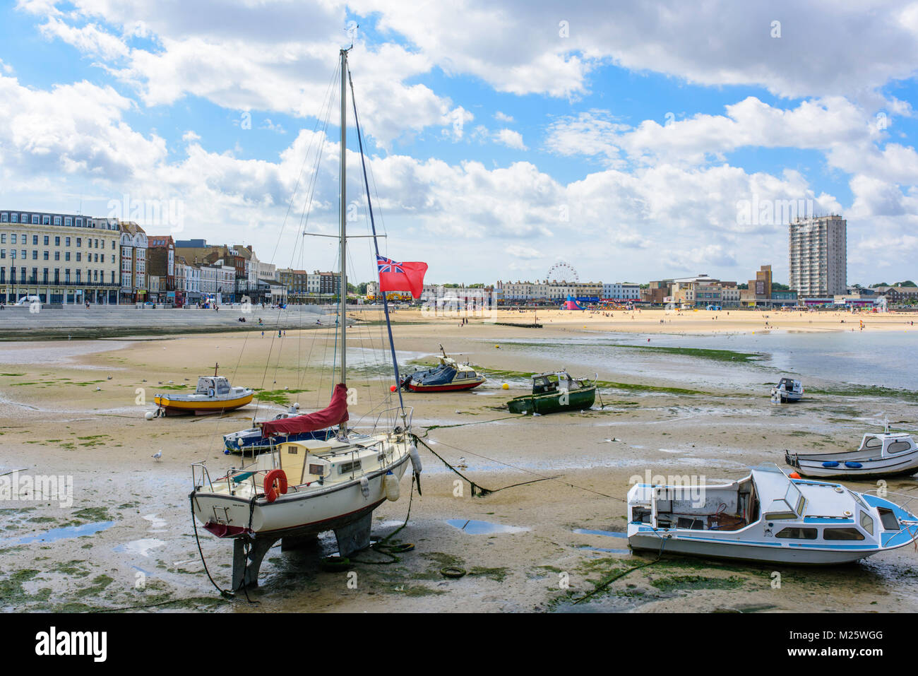 Margate beach at low tide on a winter's morning. Landmarks in the ...