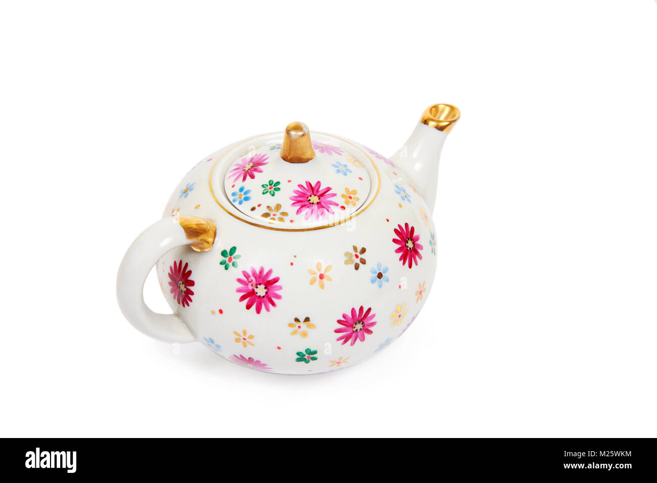 Teapot decorated with flowers isolated on a white background Stock ...
