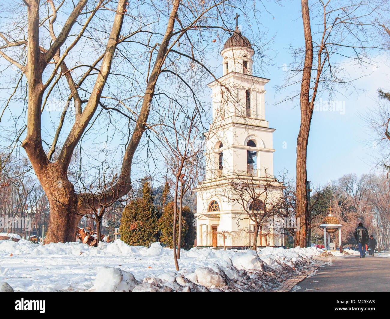 Streets of modern Chisinau, Moldova. Belfry in the Central Park of the ...