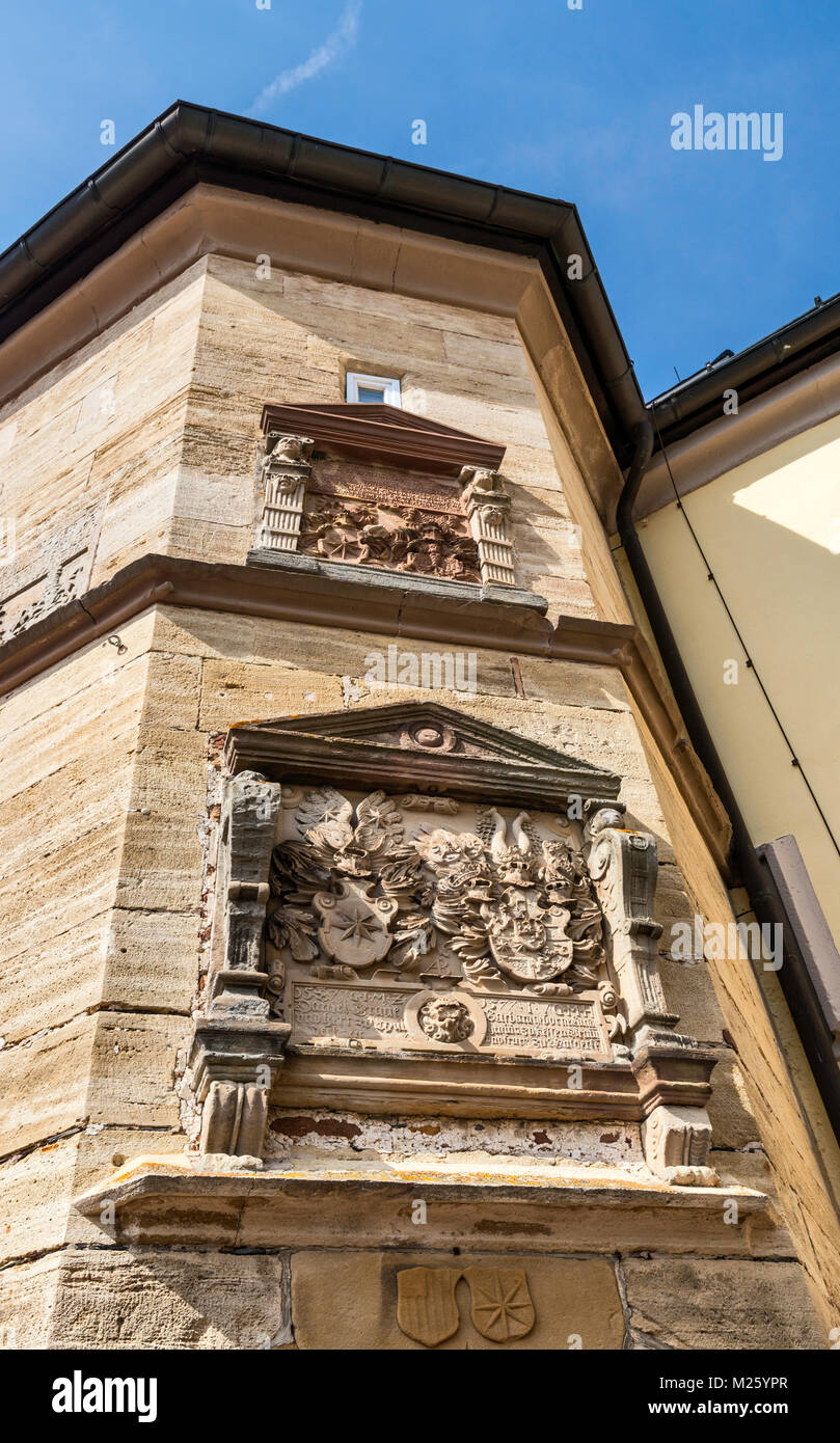 Sandstone cartouche with coat of arms, dated 1577, at Achteckiger ...