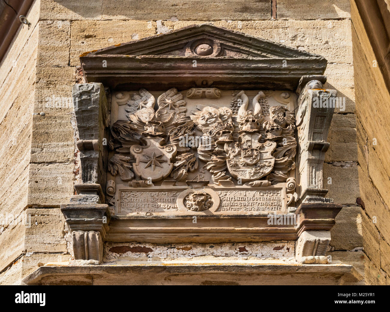 Sandstone cartouche with coat of arms, dated 1577, at Achteckiger ...