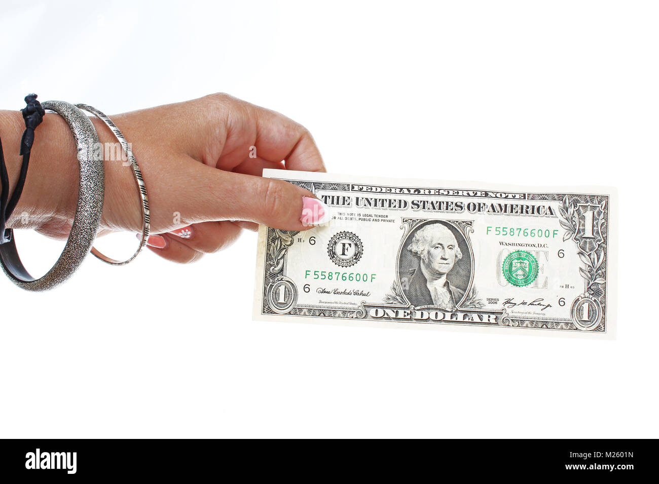Woman hand holding american one dollar bill on isolated white ...
