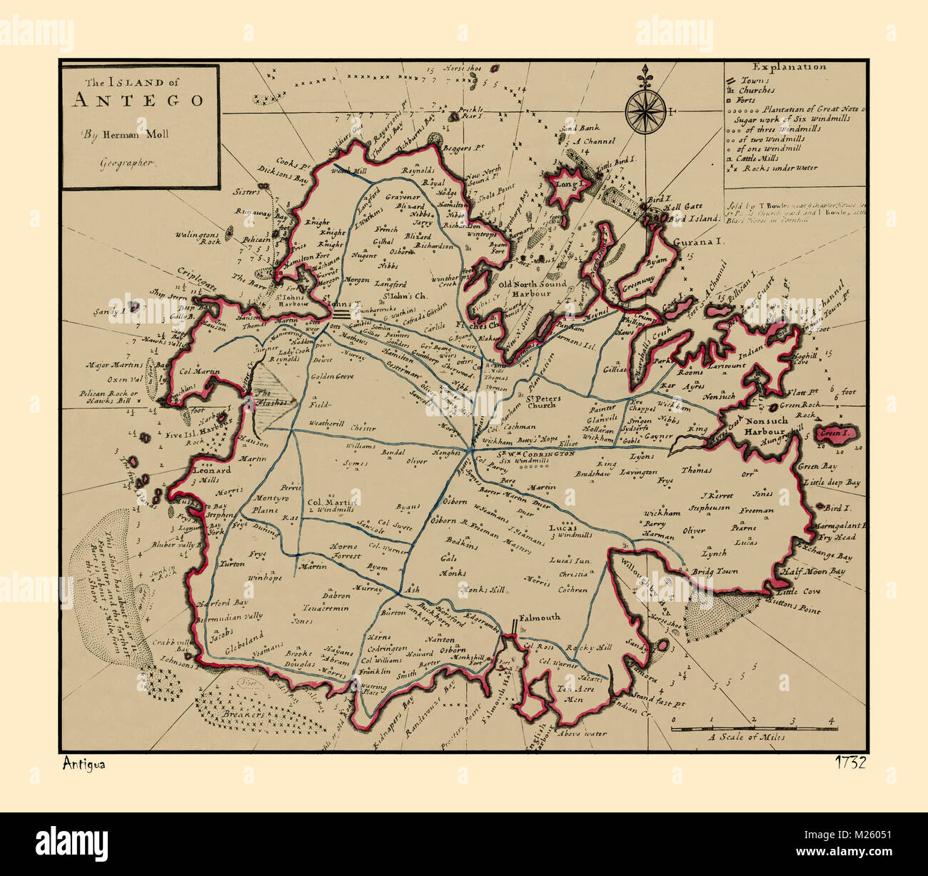 Historical map of Antigua circa 1732 Stock Photo - Alamy