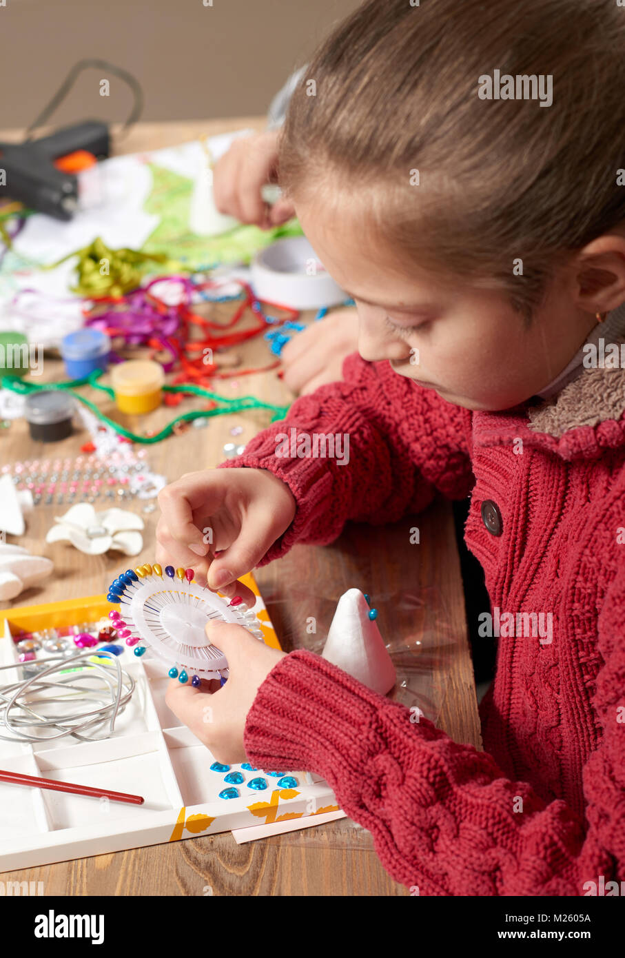 Child make crafts and toys, handmade concept. Artwork workplace with ...