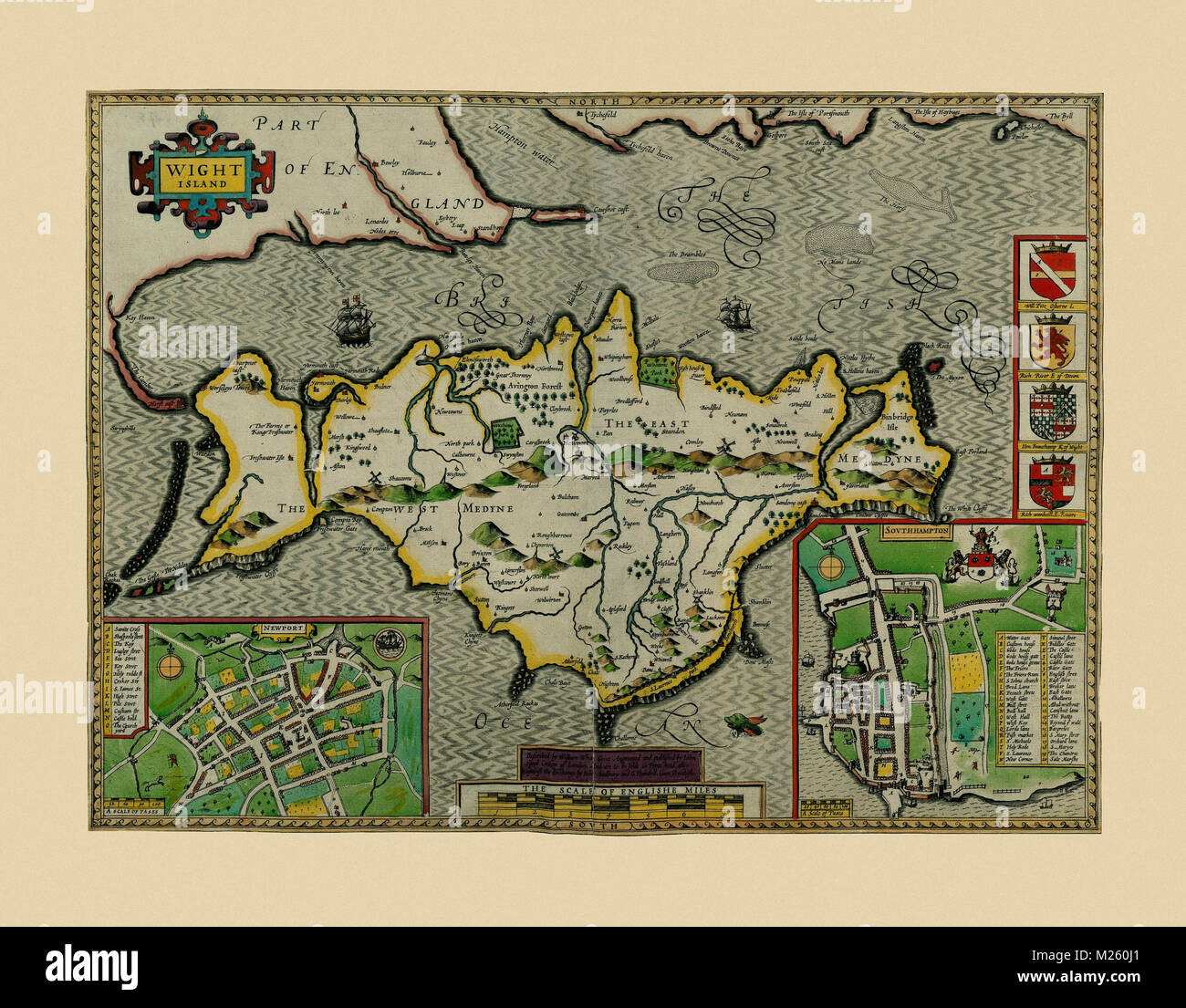 Historical map of the Isle of Wight circa 1605 Stock Photo - Alamy