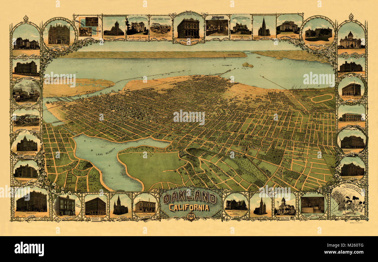 Historical pictorial map of Oakland , California circa 1900 Stock Photo ...