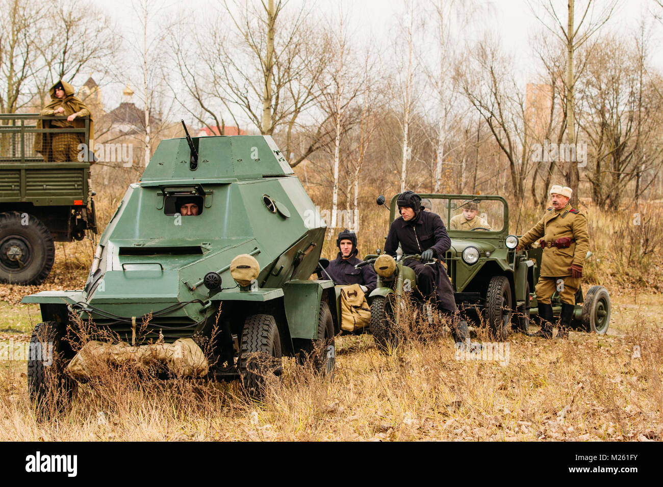 Gomel, Belarus - November 26, 2016: Soviet soldiers on the armored car ...