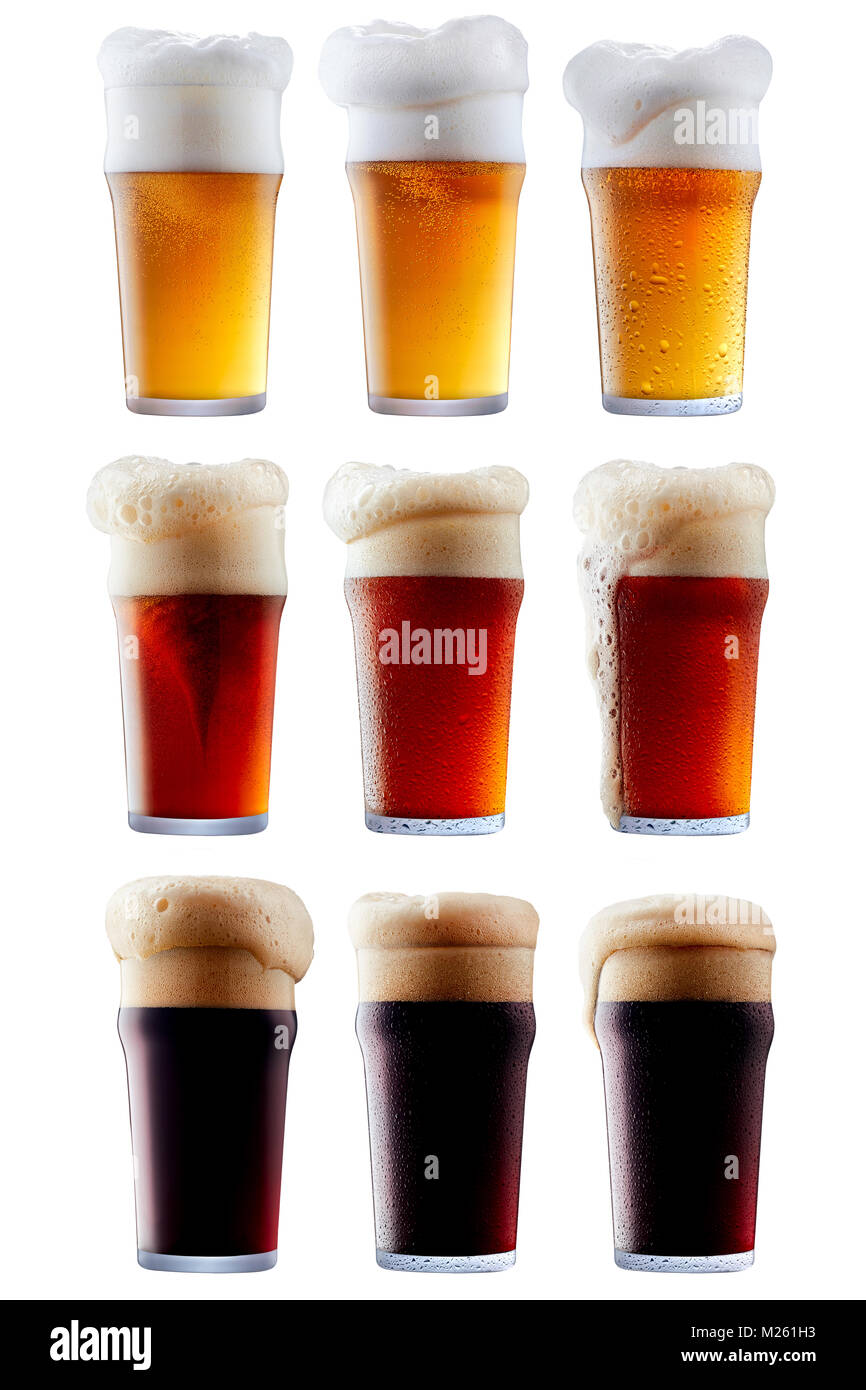 Mug collection of frosty beer with foam Stock Photo - Alamy