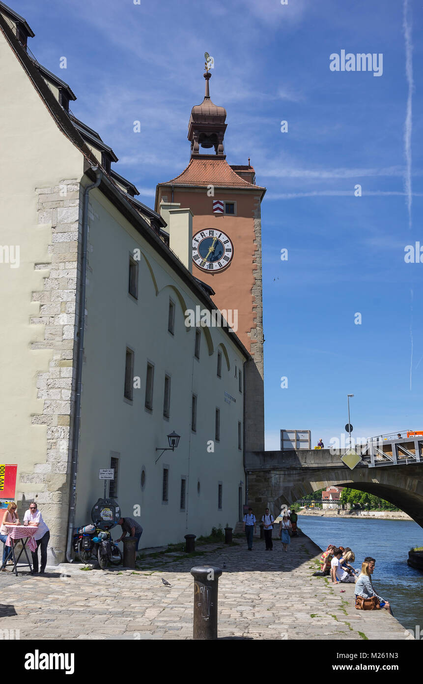 Historic buildings and Bridge Tower on the Danube bank at the Stone ...