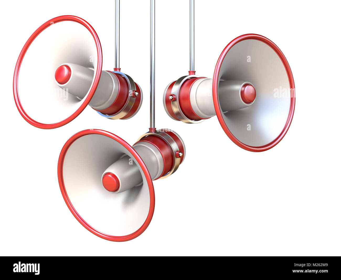 Three red and white megaphones 3D render illustration isolated on white ...