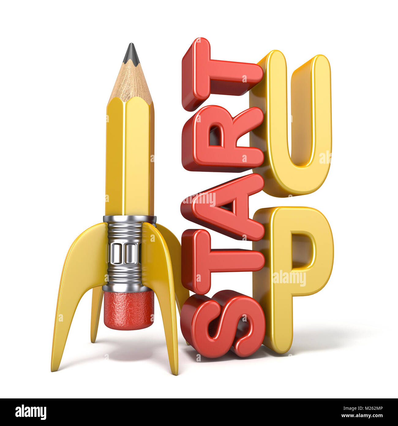 Pencil in the form of rocket with text START UP 3D render illustration ...