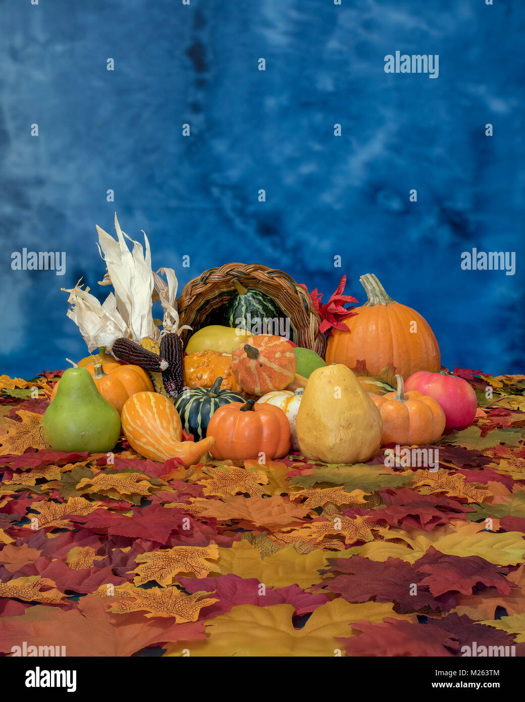 Harvest with blue background, colorful leaves cornucopia Stock Photo ...