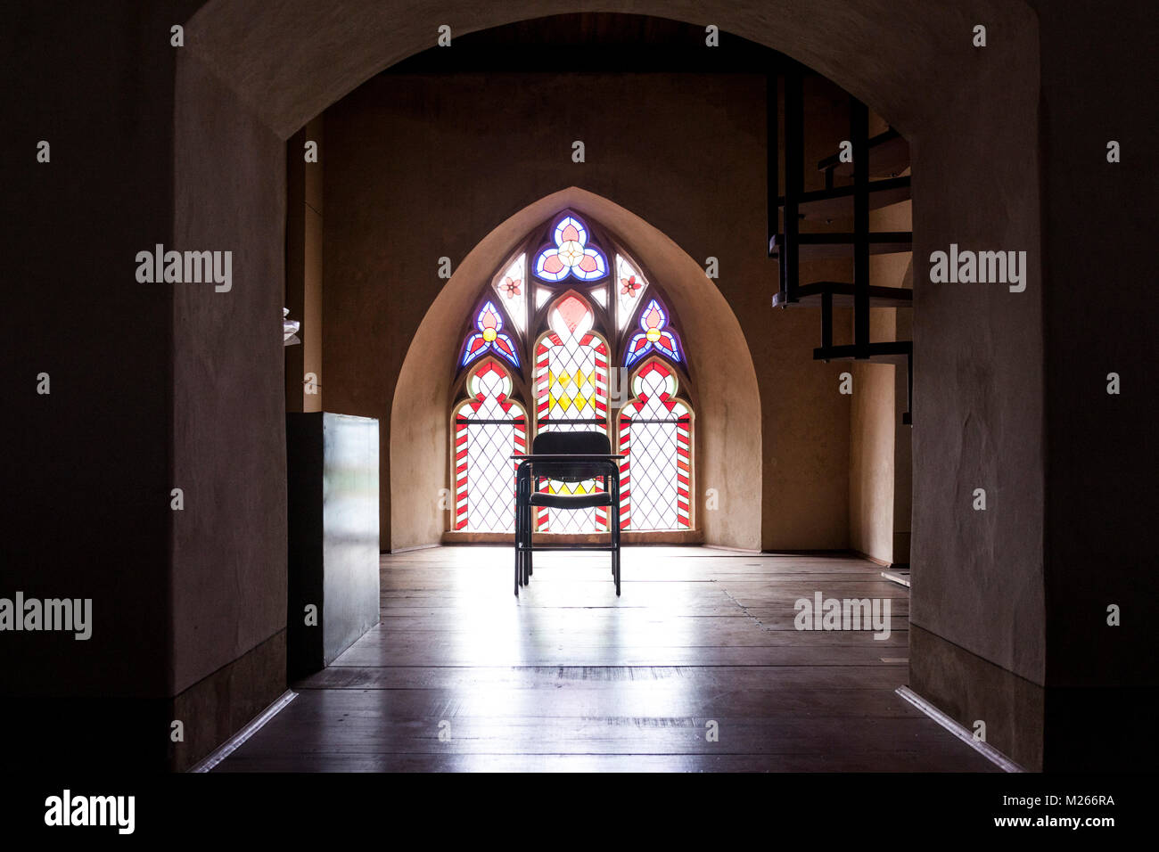 School desk in the middle of a old church Stock Photo - Alamy