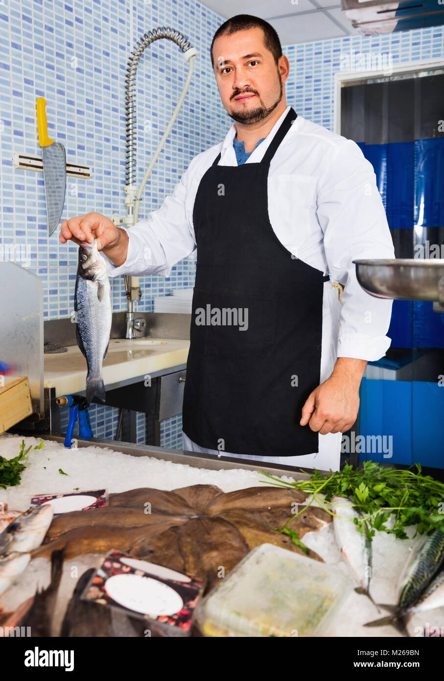 Positive cheerful seller behind scales and fish counter showing fish in ...